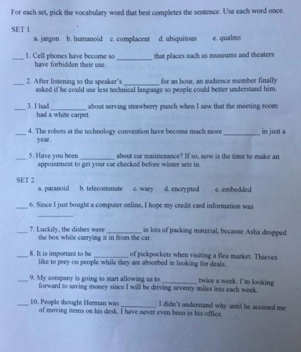 Solved For each set, pick the vocabulary word that best | Chegg.com