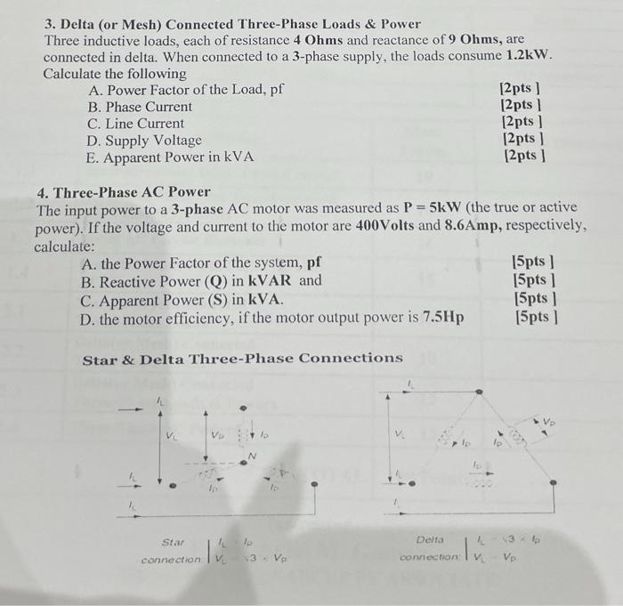 Solved 3. Delta (or Mesh) Connected Three-Phase Loads \& | Chegg.com
