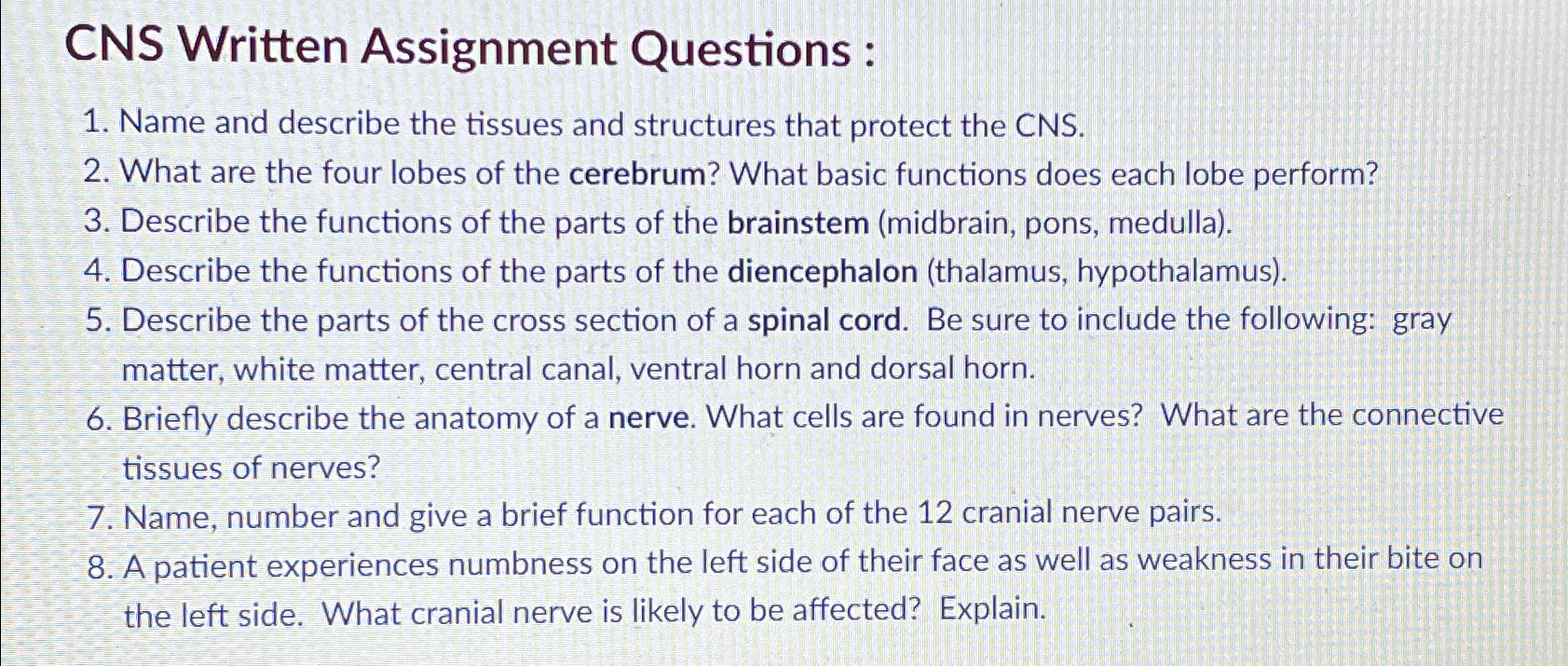 Solved CNS Written Assignment Questions :Name and describe | Chegg.com