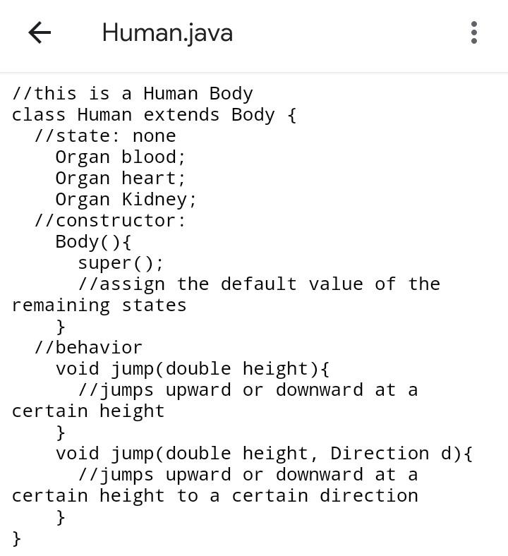 Solved In the Body.java, Human.java, and Animal.java, answer | Chegg.com