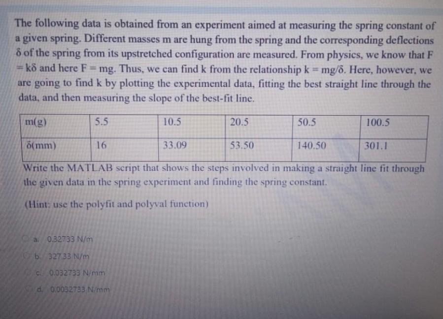 Solved The following data is obtained from an experiment | Chegg.com