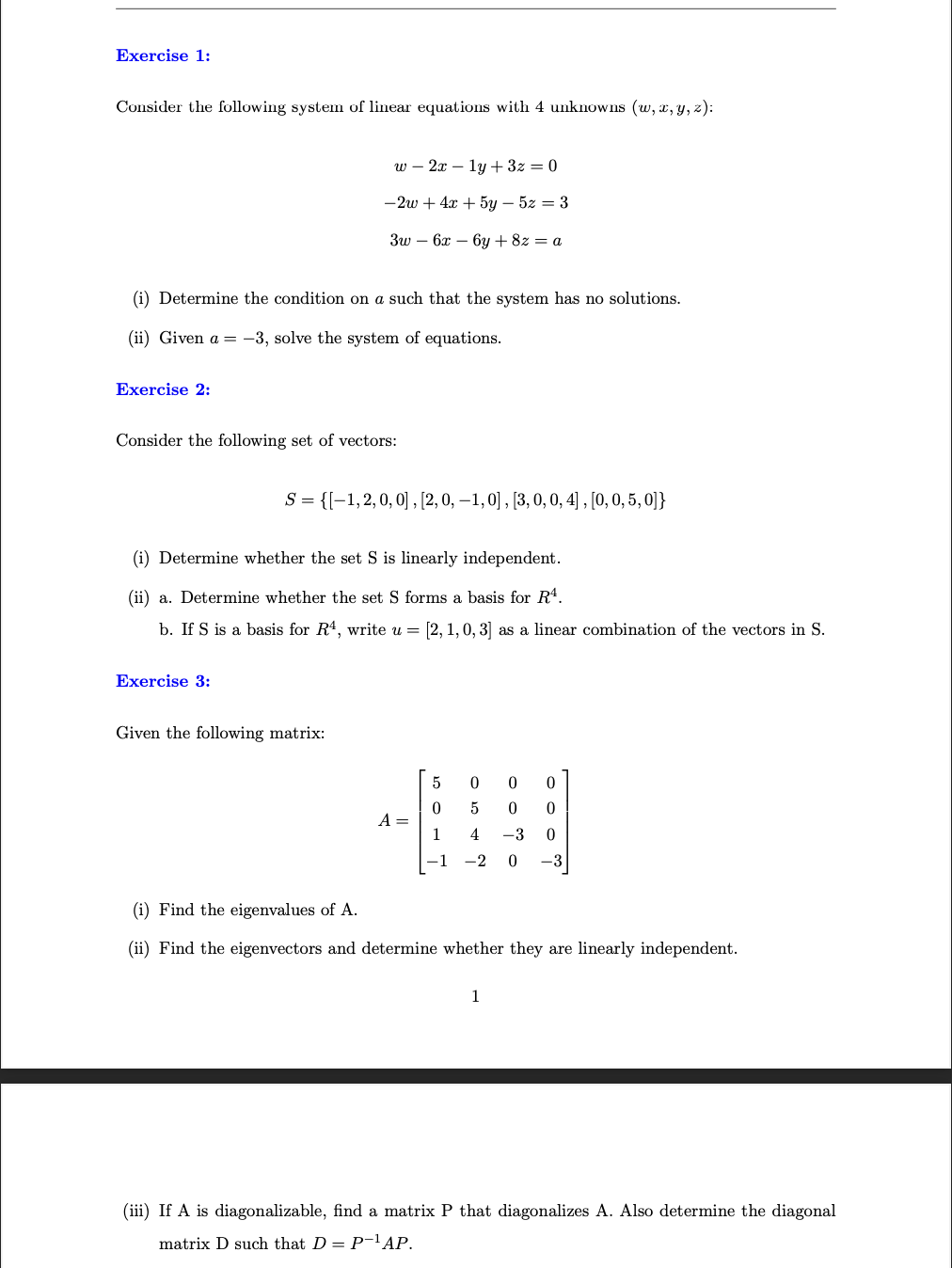 Solved Exercise 1:Consider the following system of linear | Chegg.com