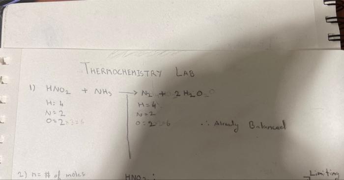Solved THERMOCHEMISTRY LAB 1) HNOL Hih N=2 0-2 + NH3N2 + 2 | Chegg.com