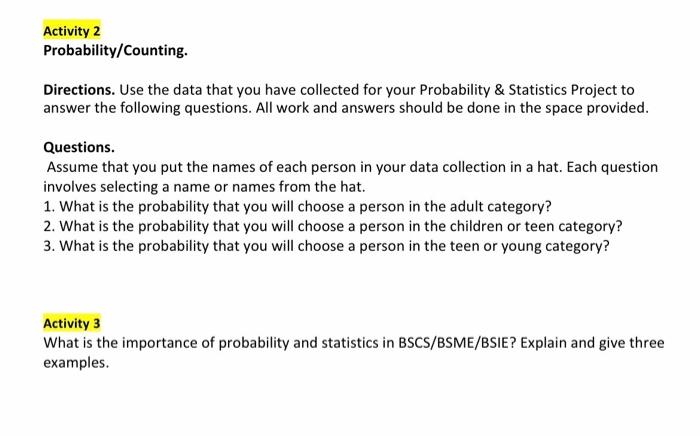 Solved Activity 2 Probability/Counting. Directions. Use the | Chegg.com