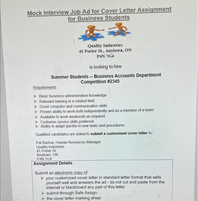 Mock Interview Job Ad for Cover Letter Assignment for | Chegg.com