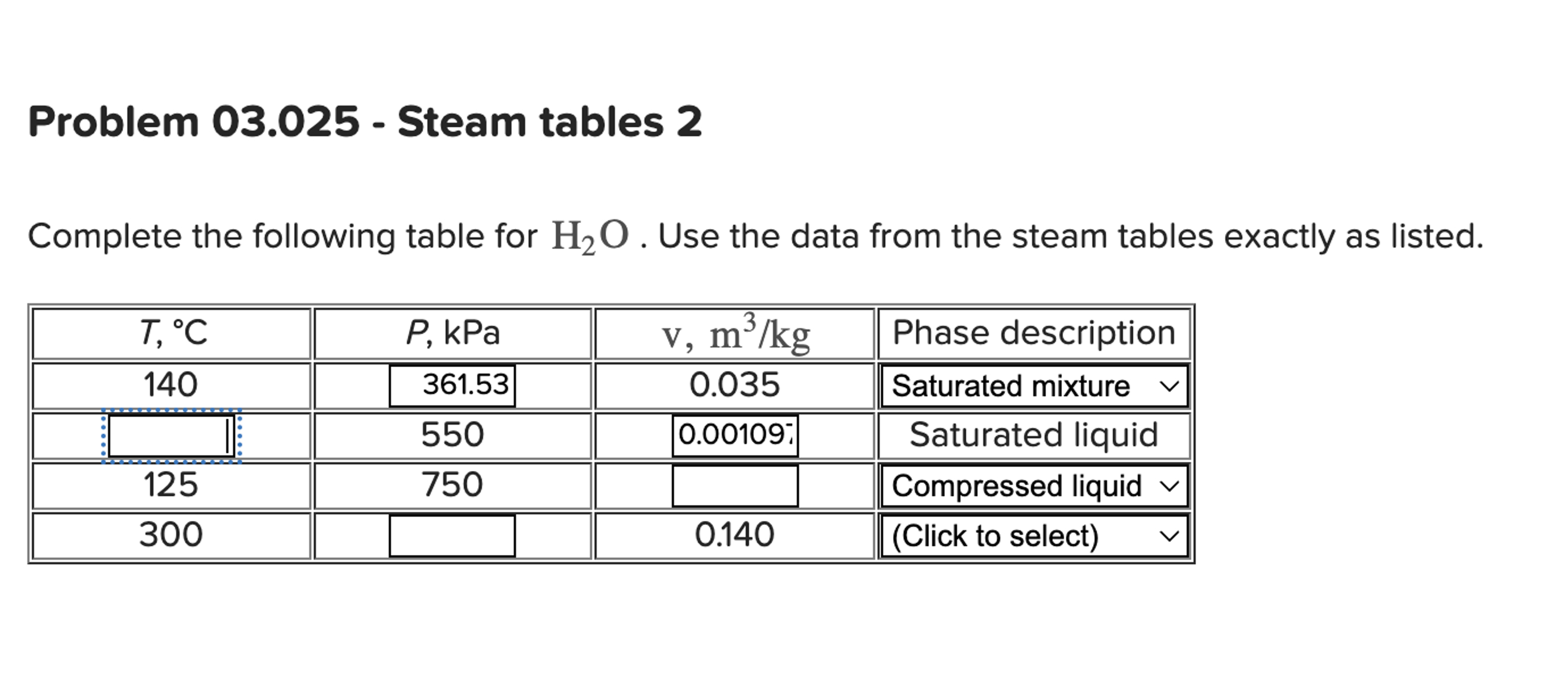 Solved Problem 03.025 - ﻿Steam tables 2Complete the | Chegg.com