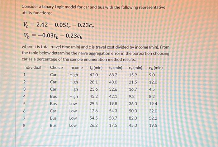 Solved Consider a binary Logit model for car and bus with | Chegg.com