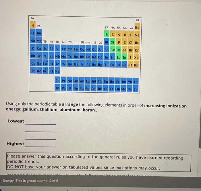 Solved Using only the periodic table arrange the following | Chegg.com