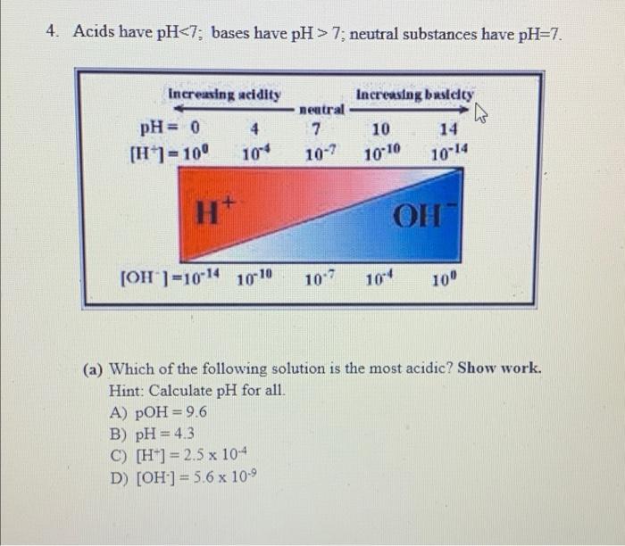 Solved 4. Relationship between H+, OH, pH and pOH. pH = | Chegg.com