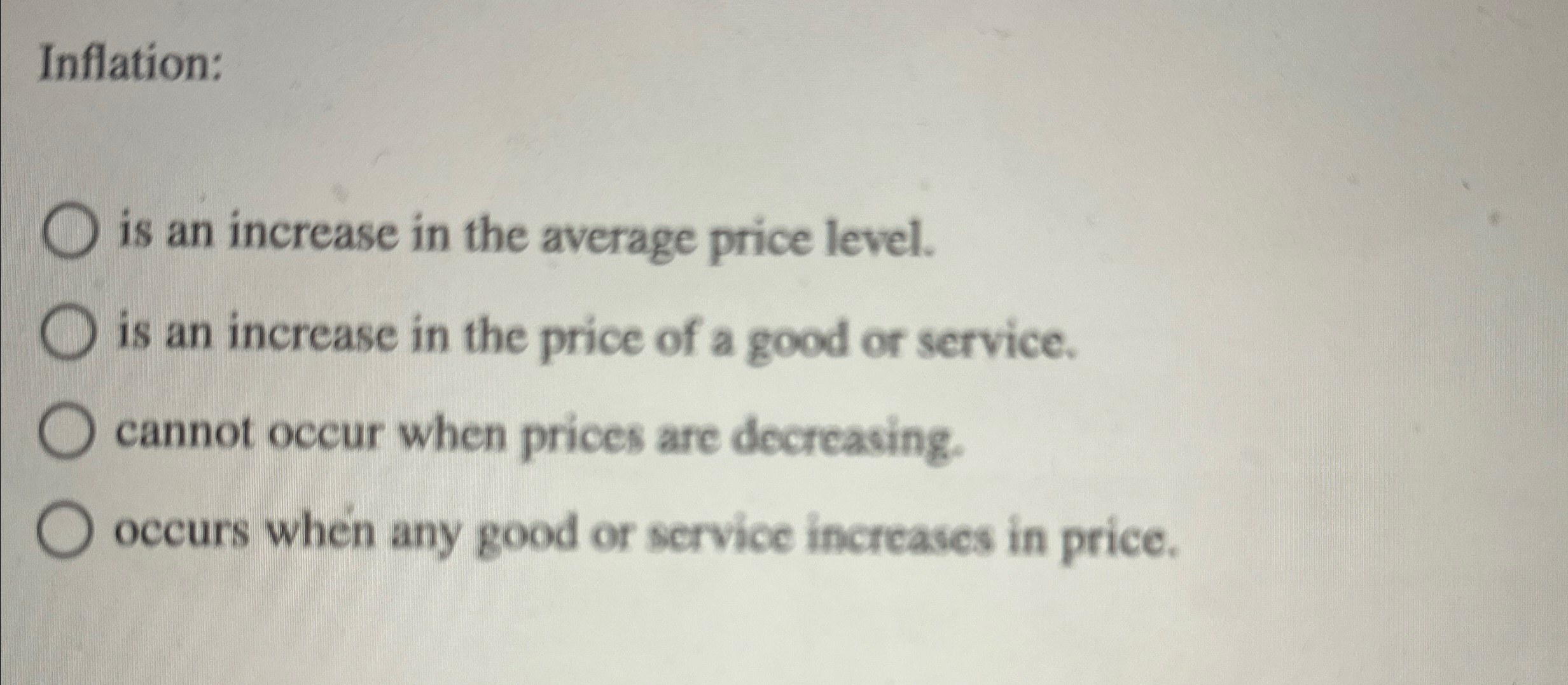 Solved Inflation:is an increase in the average price | Chegg.com
