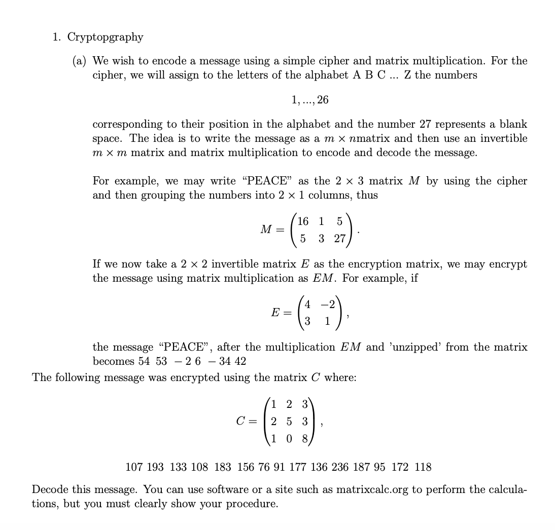 Solved Cryptopgraphy(a) We ﻿wish to ﻿encode a message using | Chegg.com