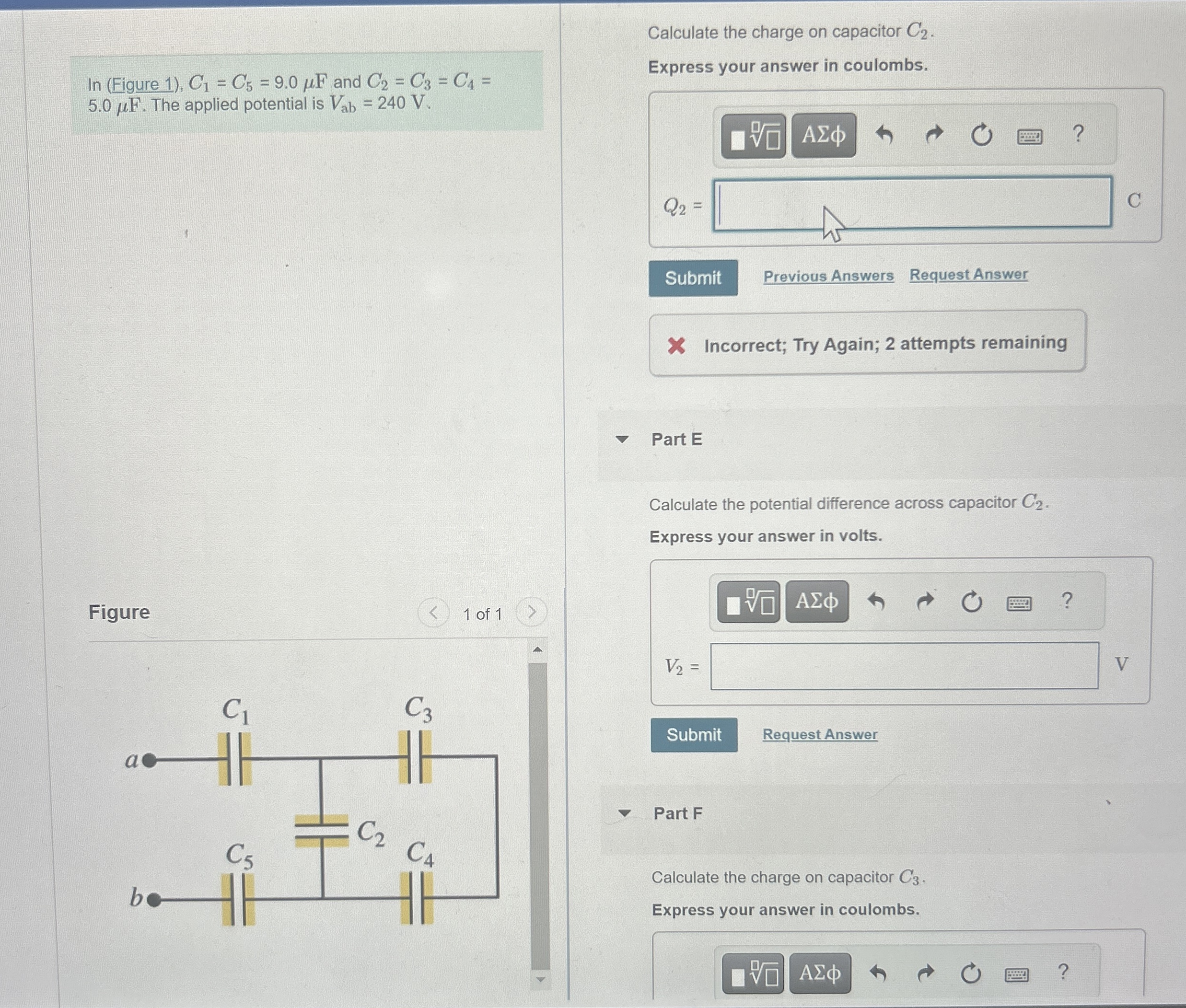 Solved ln (Figure 1), C1=C5=9.0μF ﻿and C2=C3=C4=5.0μF. ﻿The | Chegg.com