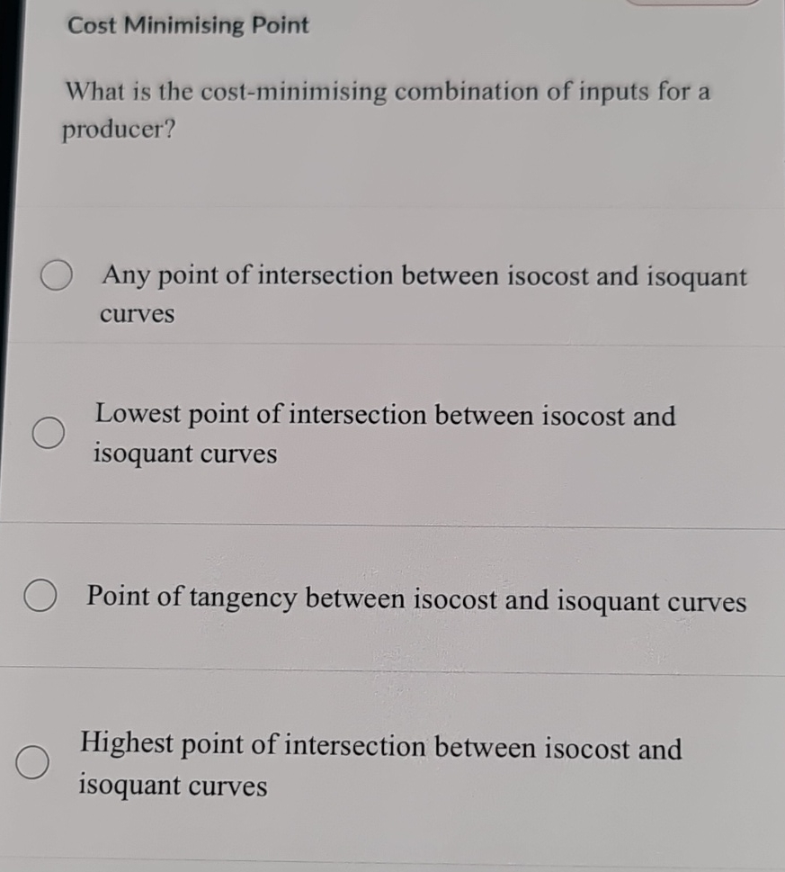 Solved Cost Minimising PointWhat is the cost-minimising | Chegg.com
