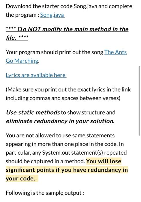 Solved Download the starter code Song.java and complete the | Chegg.com