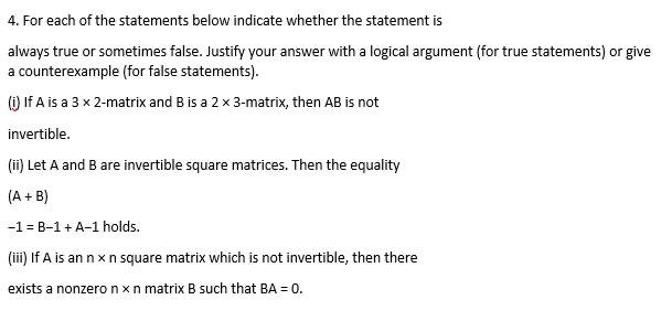 Solved 4. For each of the statements below indicate whether | Chegg.com