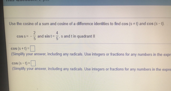 Solved Use the cosine of a sum and cosine of a difference | Chegg.com