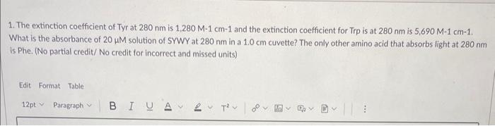 Solved 1. The extinction coefficient of Tyr at 280 nm is | Chegg.com