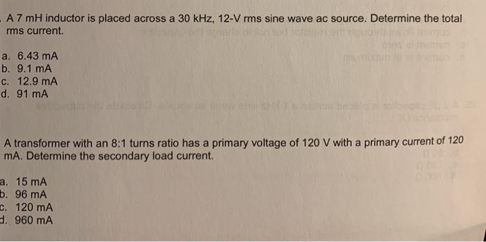 Solved A 7 mH inductor is placed across a 30 kHz, 12-V rms | Chegg.com