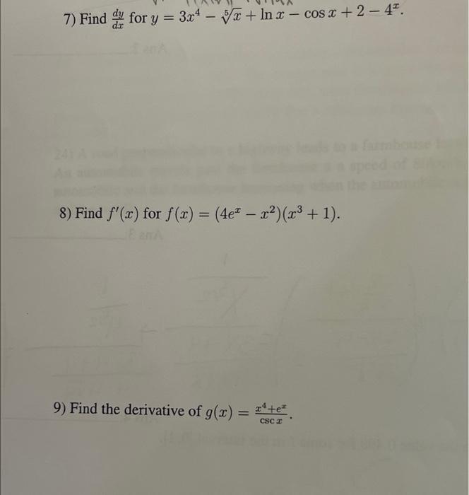 Solved 7 Find Dxdy For Y 3x4−5x Lnx−cosx 2−4x 8 Find