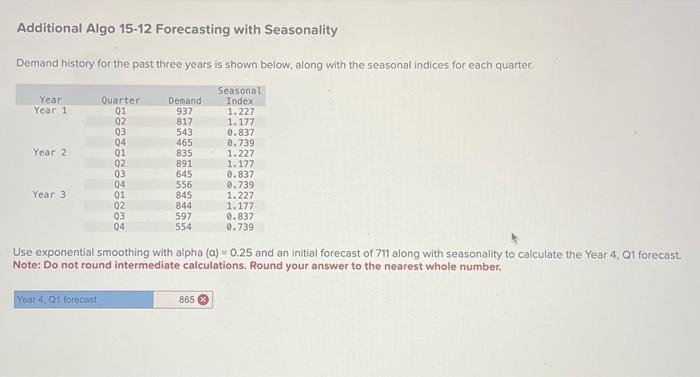 Solved Additional Algo 15-12 Forecasting with Seasonality | Chegg.com