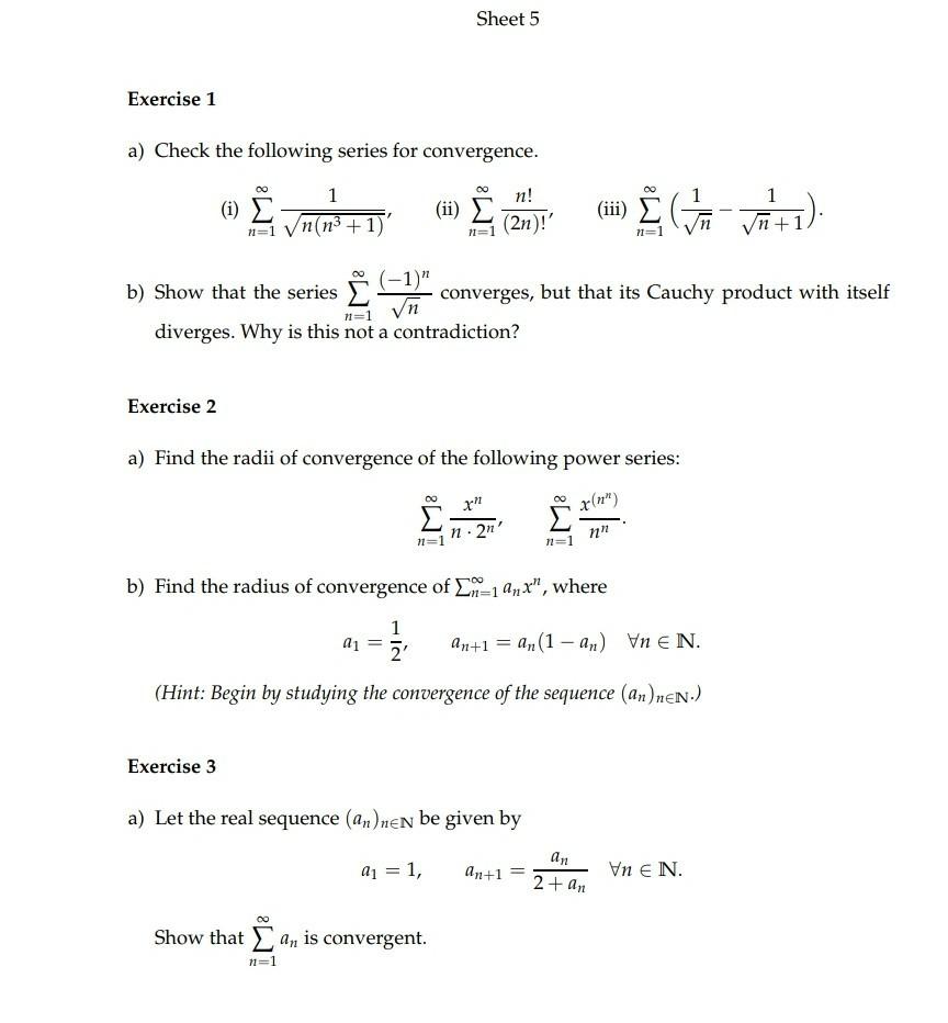 Solved Sheet 5 Exercise 1 a) Check the following series | Chegg.com