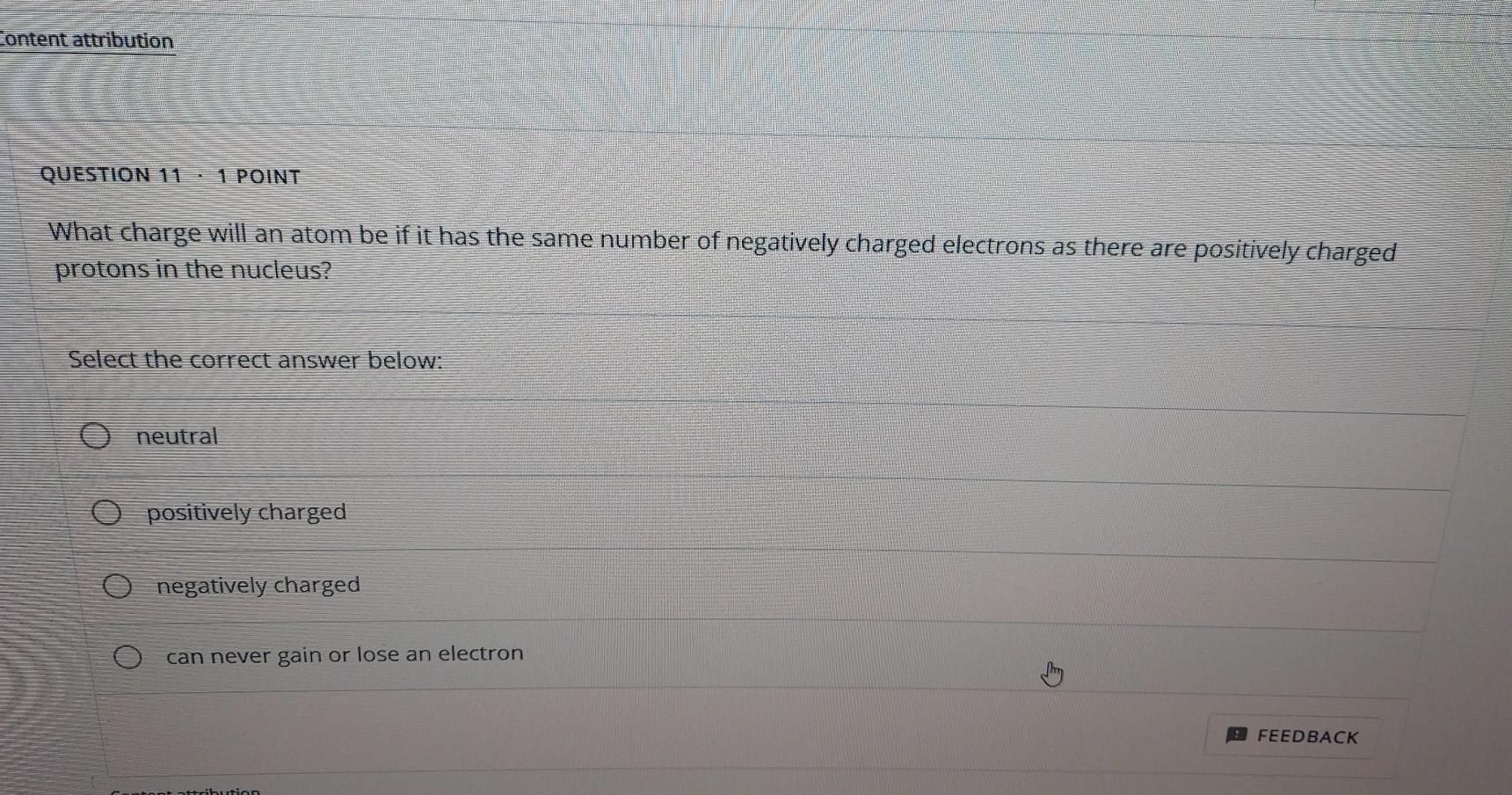 Solved Content attribution QUESTION 11 • 1 POINT What charge | Chegg.com