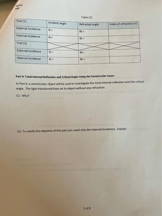 Solved Table (2) Trial (1) Incident angle Refracted angle | Chegg.com