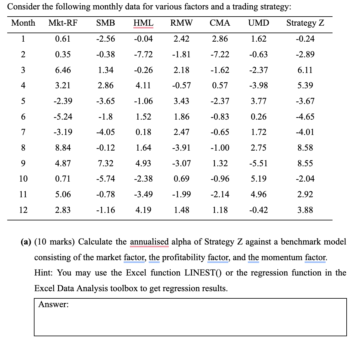 Solved Consider the following monthly data for various | Chegg.com