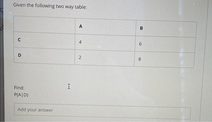 Solved Given the following two way table: A B с 4 6 D 2. 8 I | Chegg.com