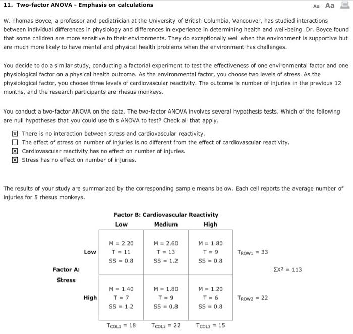 Solved Aa Aa 11. Two-factor ANOVA - Emphasis on calculations | Chegg.com