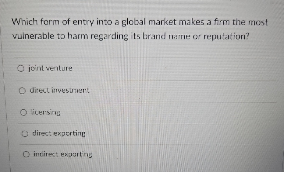 Solved Which form of entry into a global market makes a firm | Chegg.com