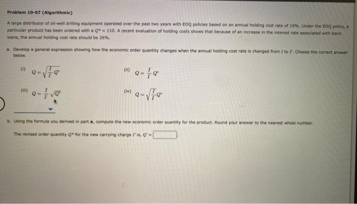 Solved Problem 10-07 (Algorithmic) A large distributor of | Chegg.com