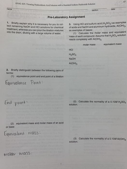 Solved ANAL 425: Titrating Hydrochloric Acid Solution with a | Chegg.com