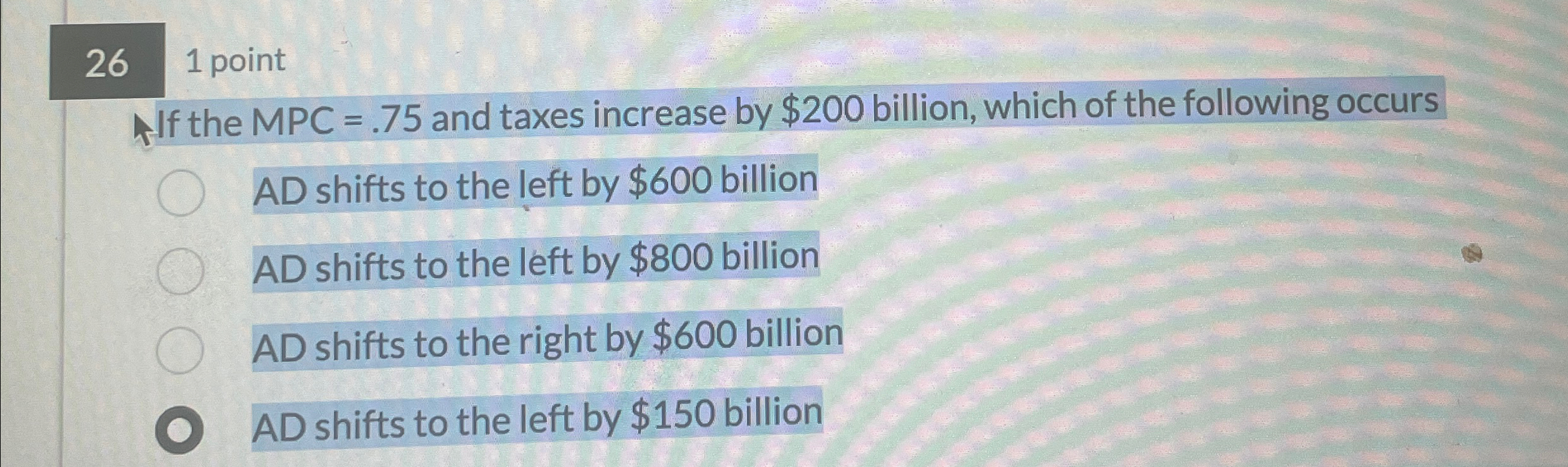 Solved 261 ﻿pointf the MPC =.75 ﻿and taxes increase by $200 | Chegg.com