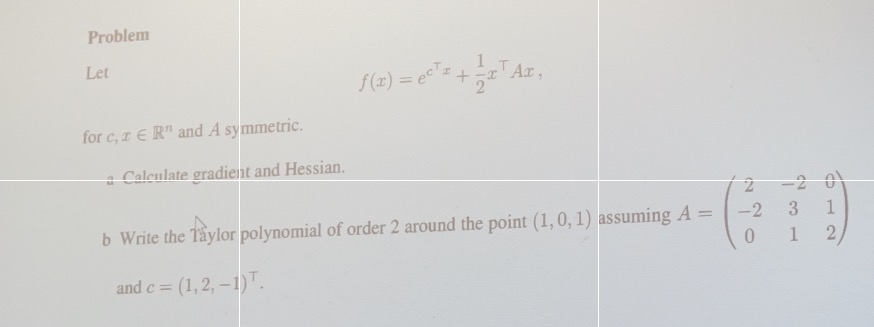 Solved ProblemLetf(x)=ecTTx+12xTTAx,for c,xinRn and A | Chegg.com Solved ProblemLetf(x)=ecTTx+12xTTAx,for c,xinRn and A | Chegg.com