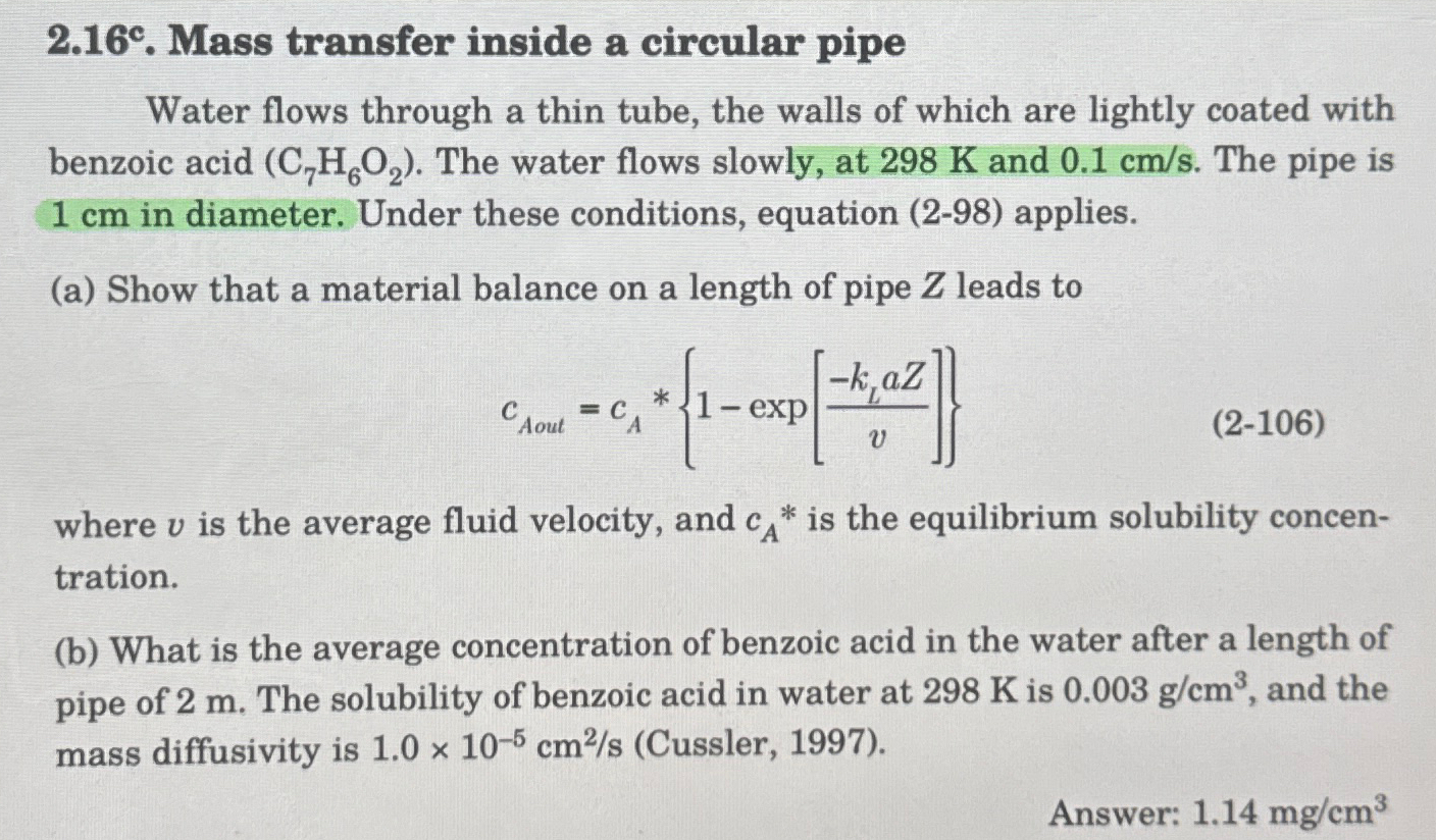 Solved 2.16 ?c ﻿Mass transfer inside a circular pipeWater | Chegg.com