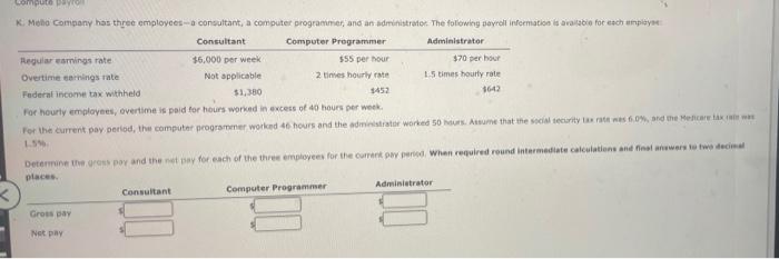 Solved computea K. Mella company has three employees - | Chegg.com