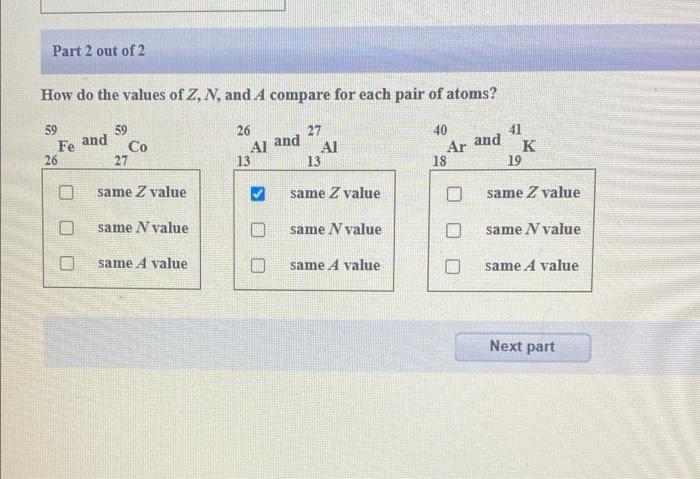 Solved Part 2 out of 2 How do the values of Z, N, and A | Chegg.com