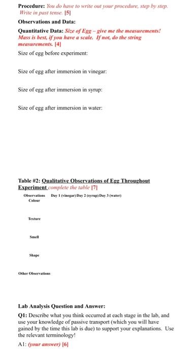 Solved Biology 30 Egg Lab Lab Materials: 1 raw egg (shell | Chegg.com