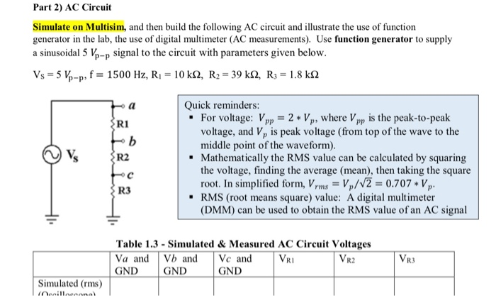 Solved Part 2) AC Circuit Simulate on Multisim, and then | Chegg.com