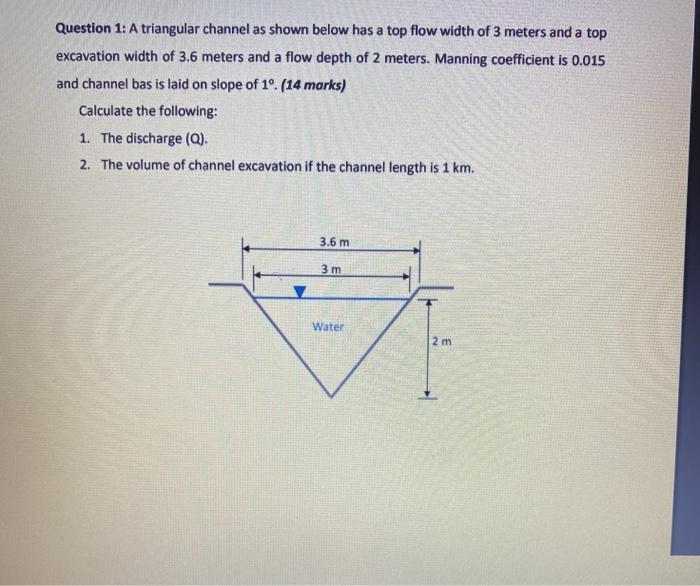 Solved Question 1: A triangular channel as shown below has a | Chegg.com