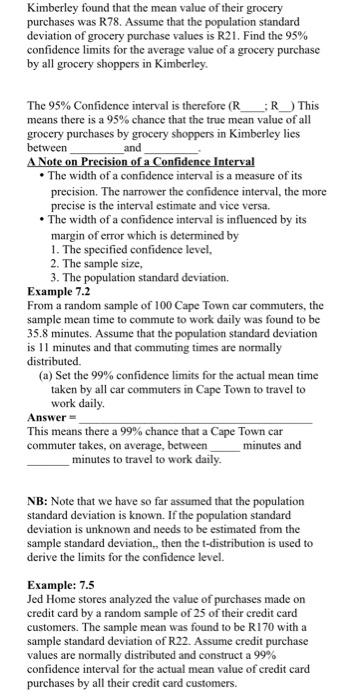 Solved Kimberley found that the mean value of their grocery | Chegg.com