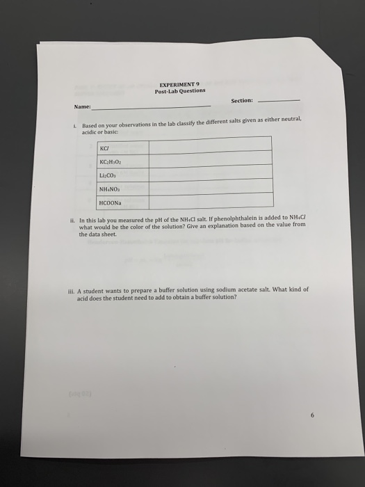 Solved EXPERIMENT 9 Post Lab Questions Section: i Based on | Chegg.com