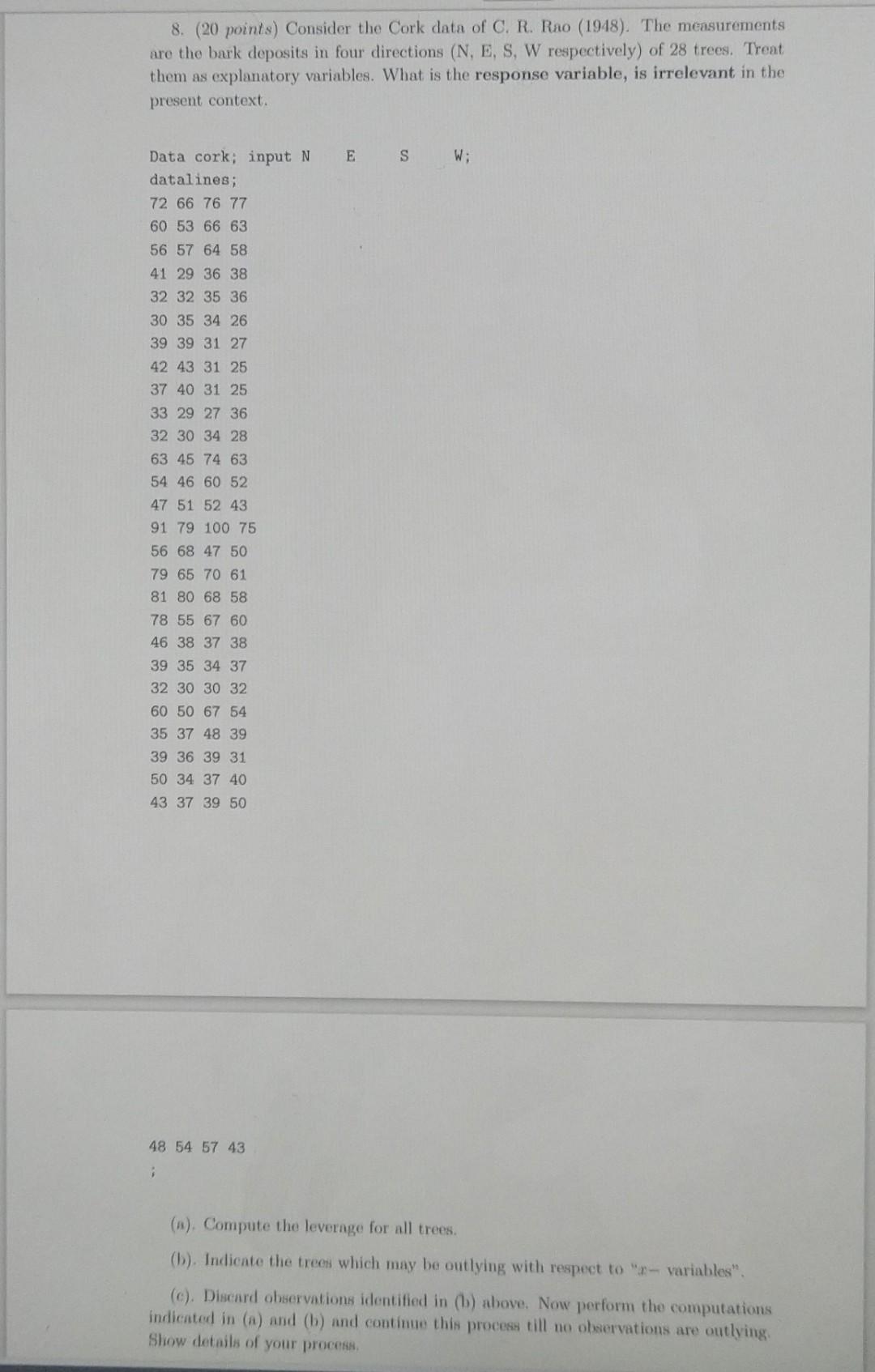 Solved 8. (20 points) Consider the Cork data of C. R. Rao | Chegg.com