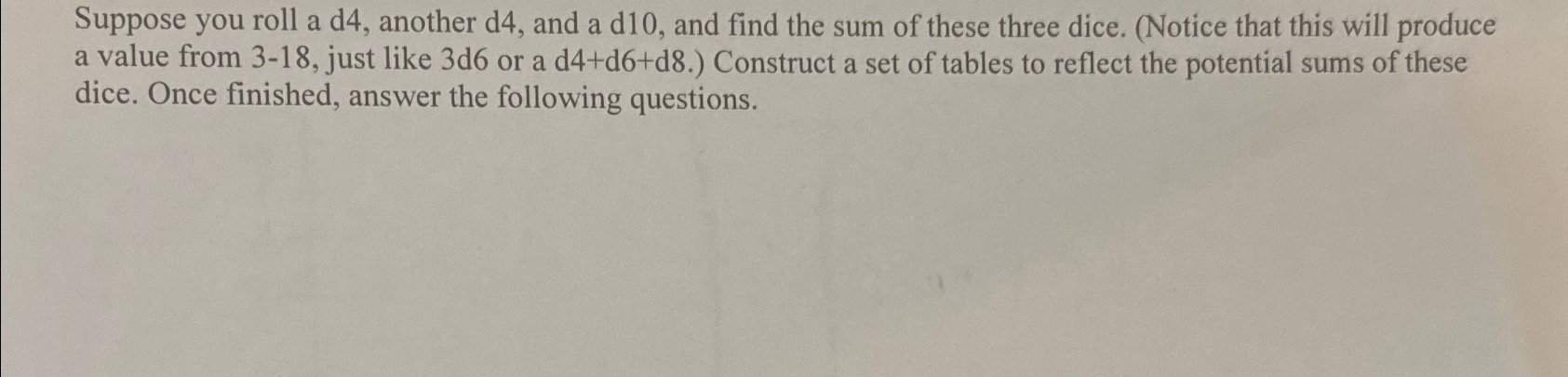 Solved Suppose you roll a d4, ﻿another d4, ﻿and a d10, ﻿and | Chegg.com