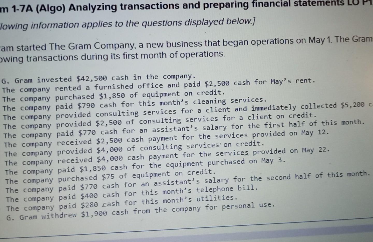 Solved m 1-7A (Algo) Analyzing transactions and preparing | Chegg.com