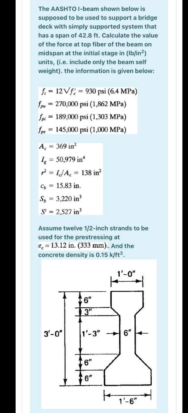 Solved The AASHTO I-beam shown below is supposed to be used | Chegg.com