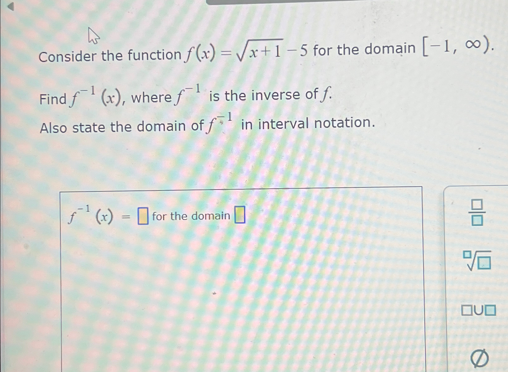 Solved Consider the function f(x)=x+12-5 ﻿for the domain | Chegg.com