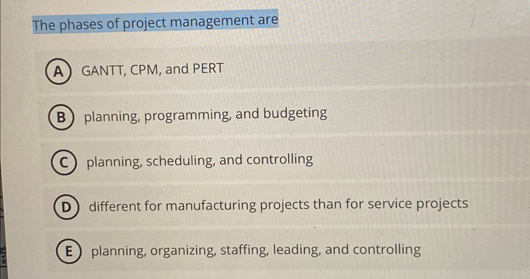 Solved The phases of project management areGANTT, CPM, ﻿and | Chegg.com