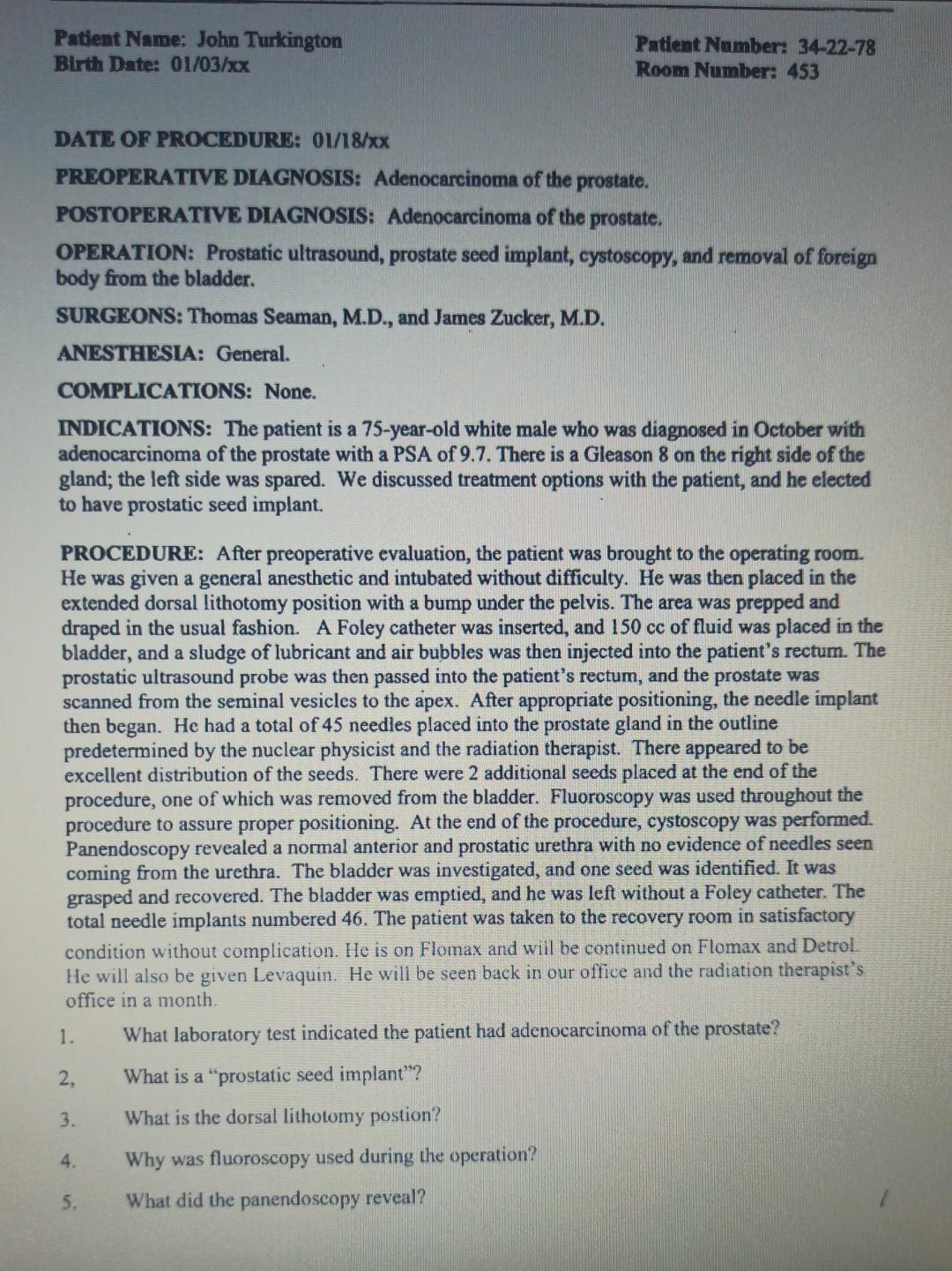Solved Patient Name: John Turkington Birth Date: 01/03/xx | Chegg.com